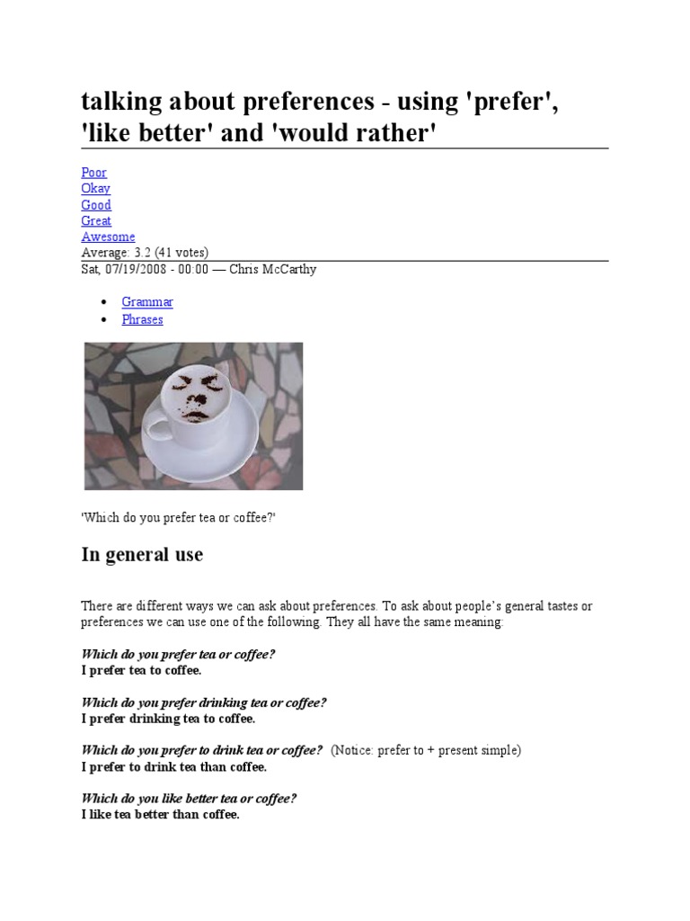 Talking About Preferences - Using 'Prefer', 'Like Better' and 'Would ...