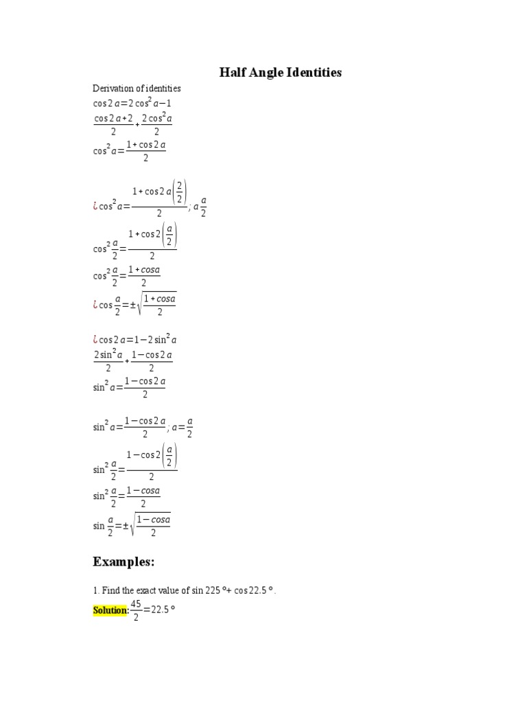 Half Angle Identities Original | PDF | Trigonometric Functions | Sine