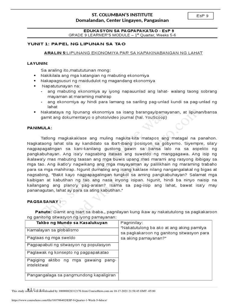 ESP 9. Quarter 1. Week 5 6 | PDF