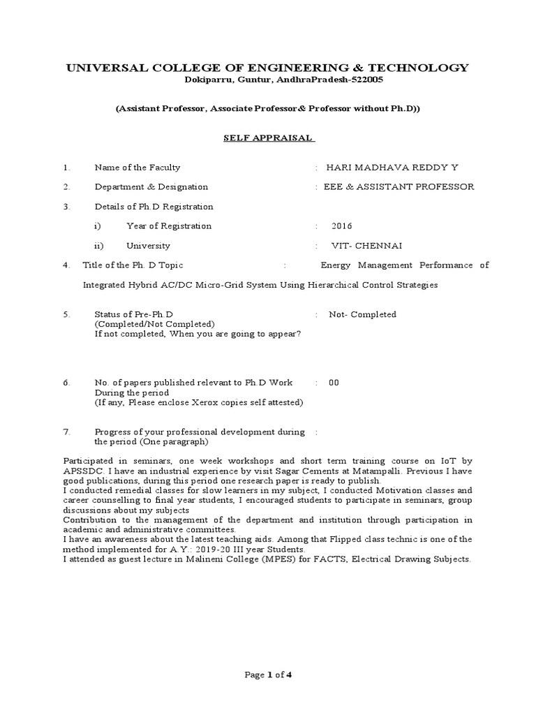 Assistant Professor Self-Appraisal Report | PDF | Electrical ...