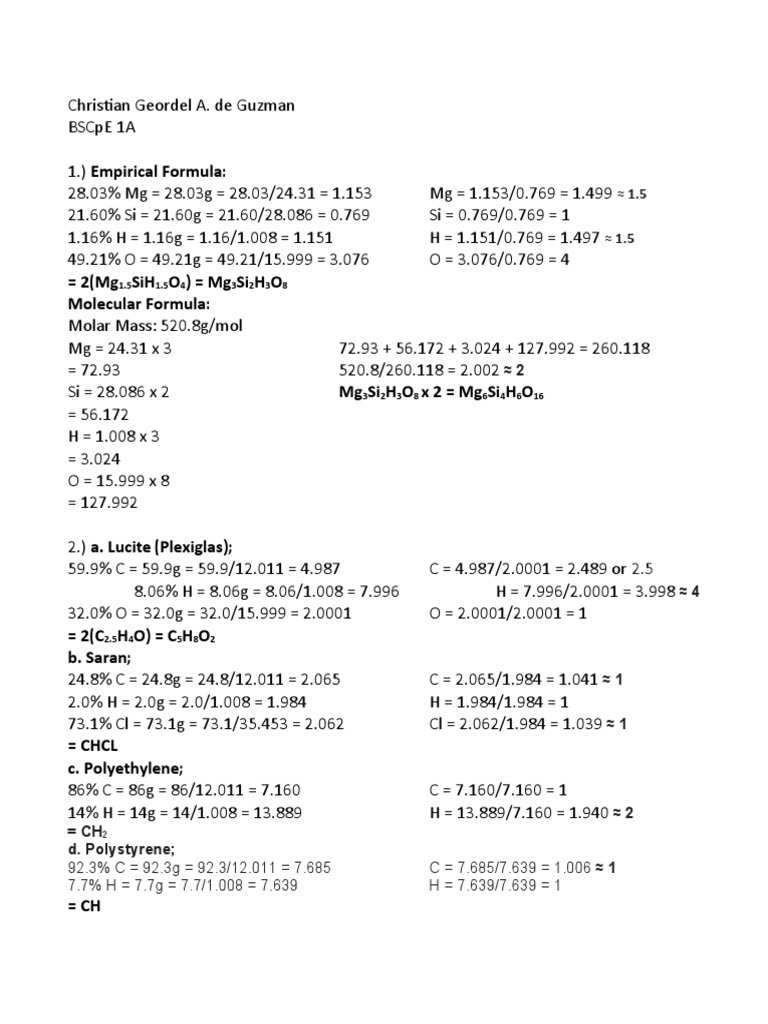 Empirical and Molecular Formula Activity | PDF | Mole (Unit) | Chemical ...