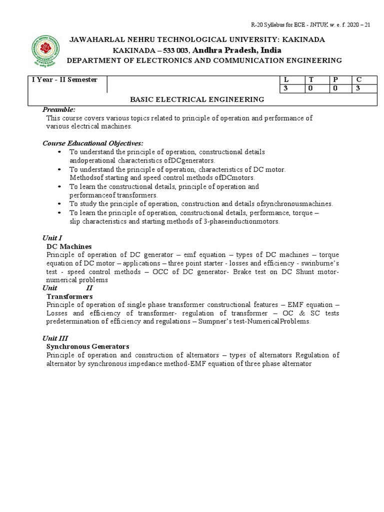 Beee Syllabus | PDF | Electric Motor | Transformer
