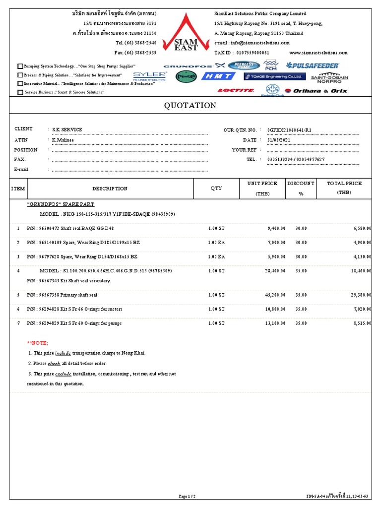 Quotation: Total Price Description QTY Unit Price Item (THB) (THB) Discount % "Grundfos" Spare ...