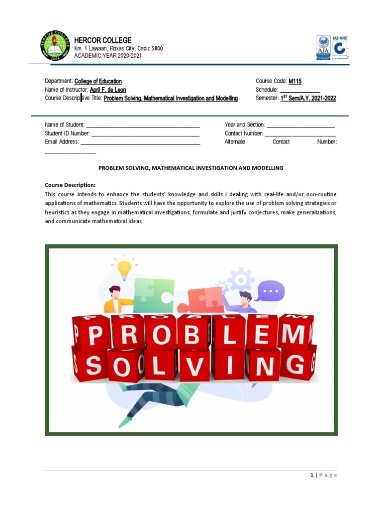 Hercor College Problem Solving Mathematical Investigation And Modelling Course Description