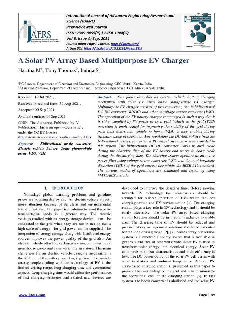 A Solar PV Array Based Multipurpose EV Charger | PDF | Battery Charger ...