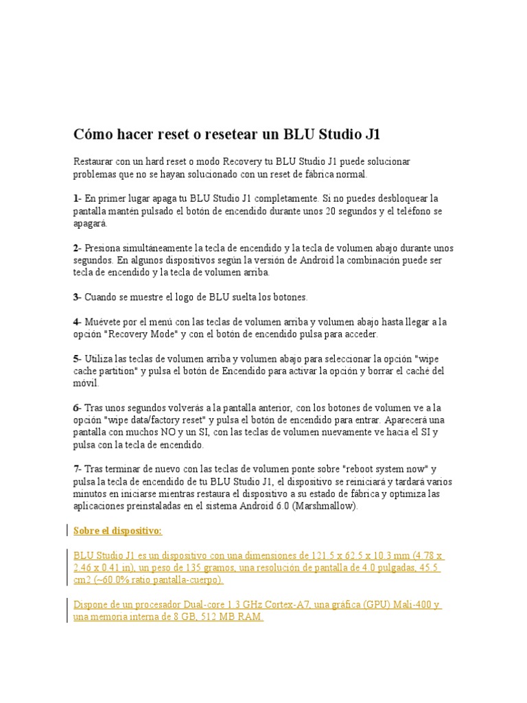 Cómo Hacer Reset O Resetear Un Blu Studio J1 Pdf Informática