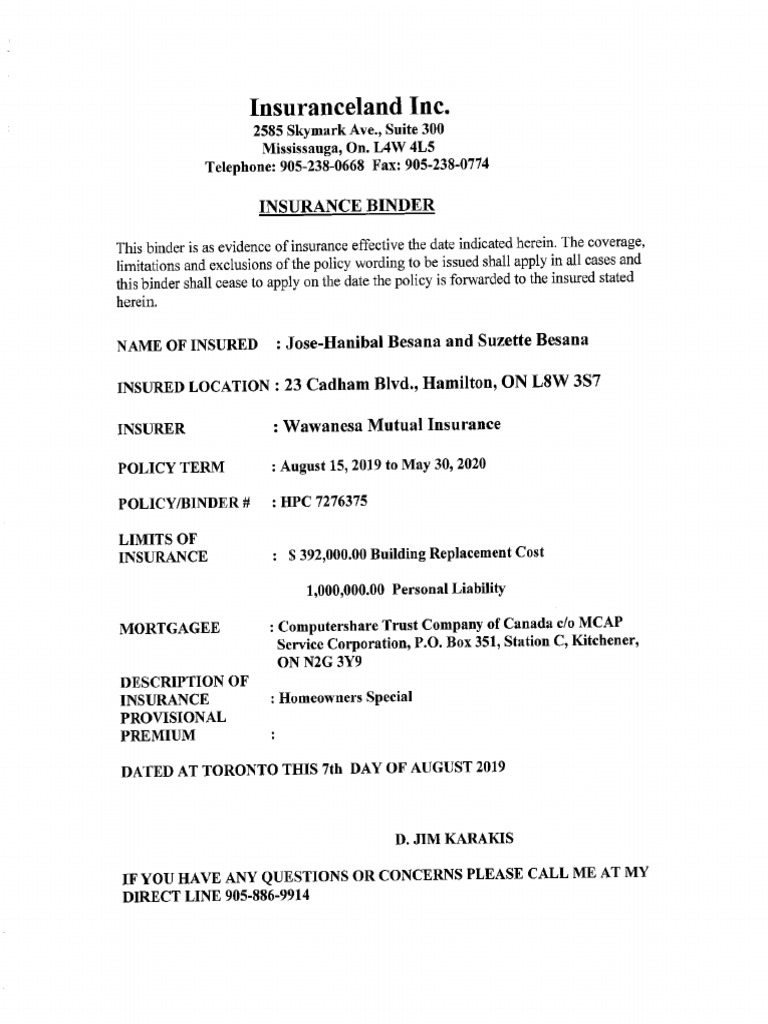 Sample Insurance Binder | PDF