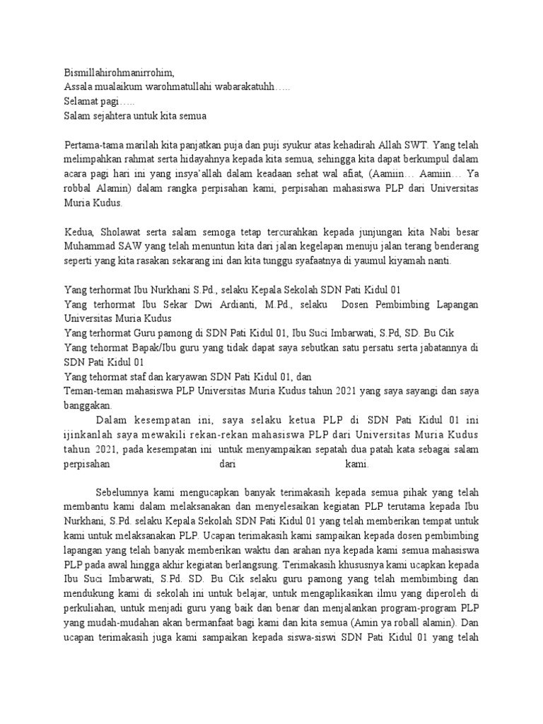 Kata Sambutan Perpisahan PLP | PDF