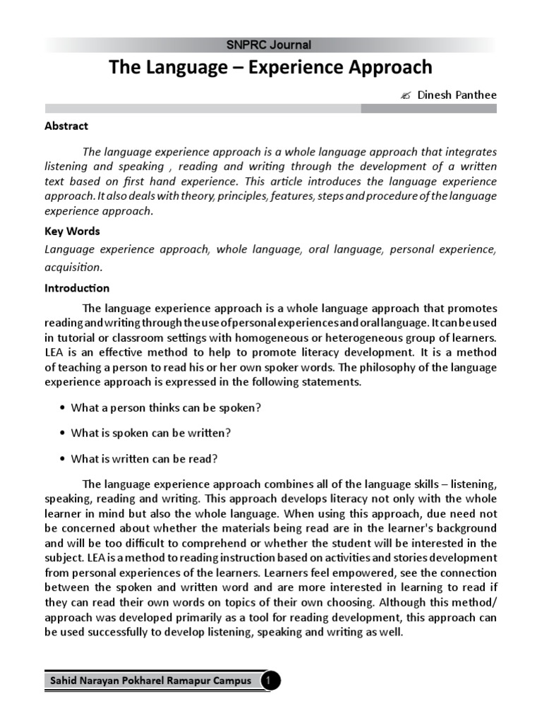 The Language - Experience Approach: SNPRC Journal | PDF | Learning ...