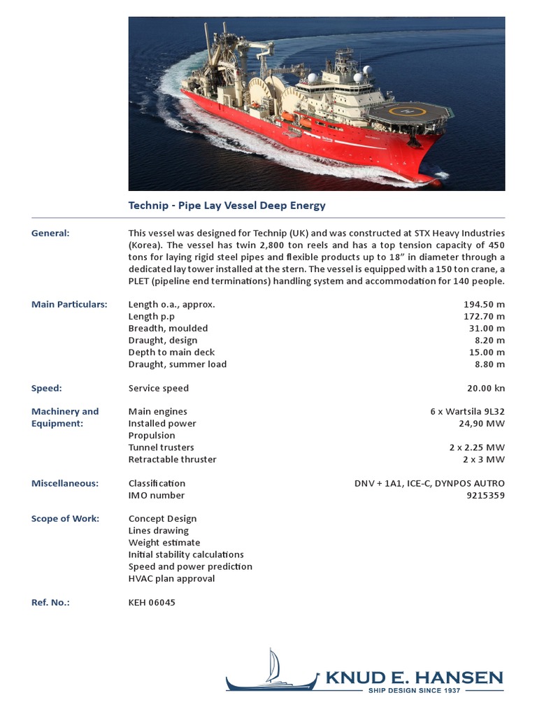 Technip Deep Energy Pipe Lay Vessel | PDF