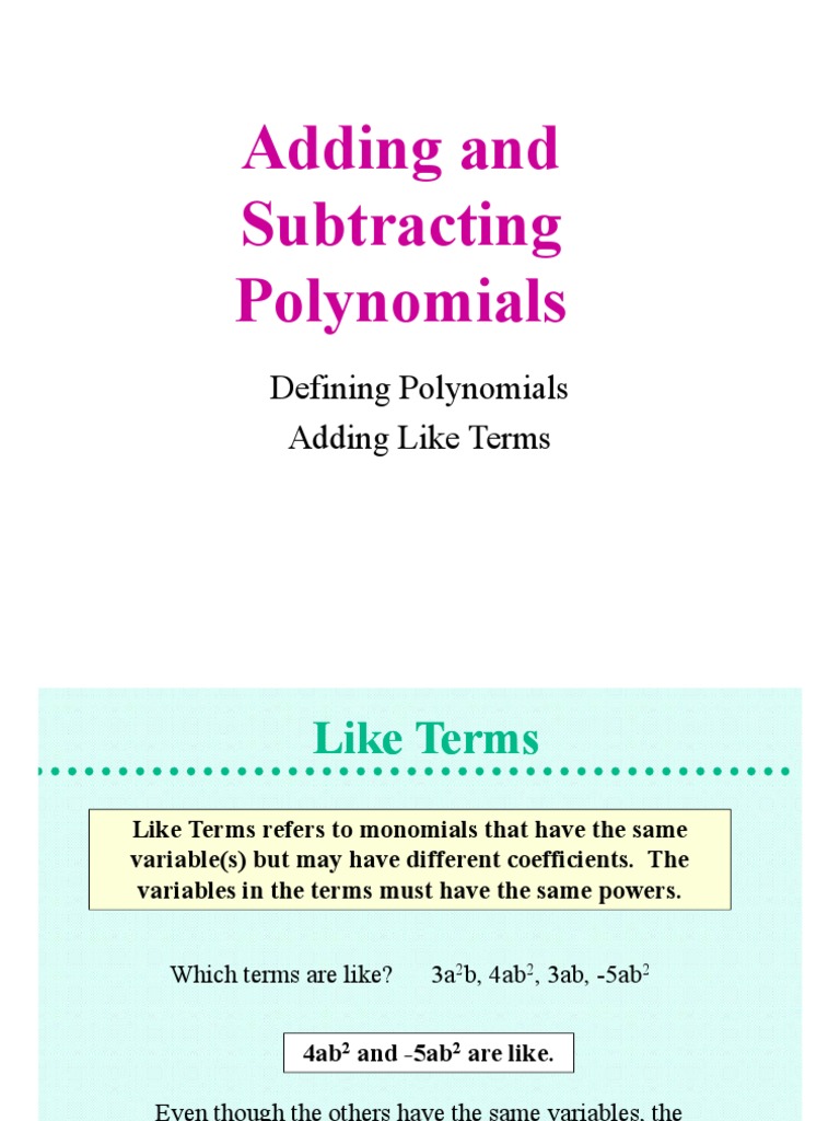 Adding and Subtracting Polynomials Guide | PDF | Teaching Methods ...