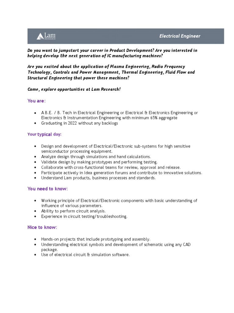 Electrical Engineer Opportunities at Lam | PDF | Engineering | Electronics