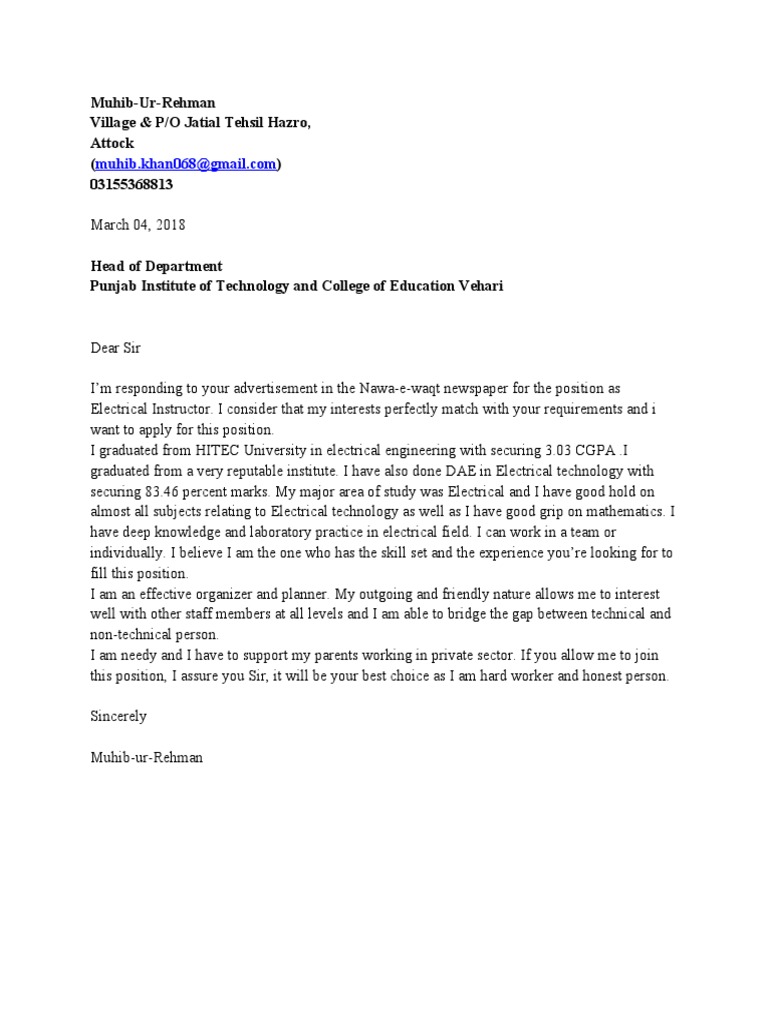 Cover Letter For Teaching Post | PDF