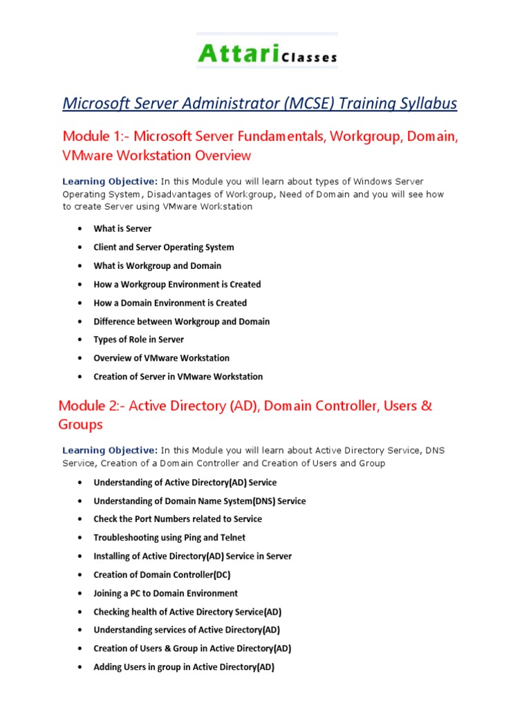 Microsoft Server Administrator (MCSE) Training Syllabus | PDF | Group Policy | Active Directory