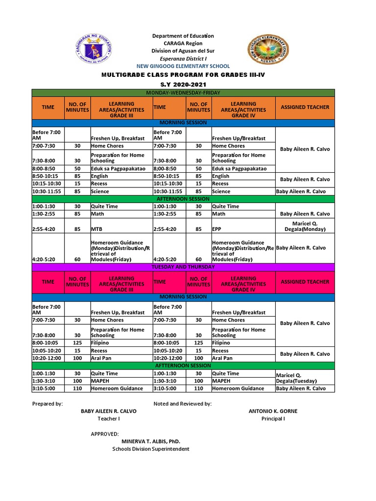 Multigrade Class Program For Grades Iii-Iv S.Y 2020-2021 Monday ...