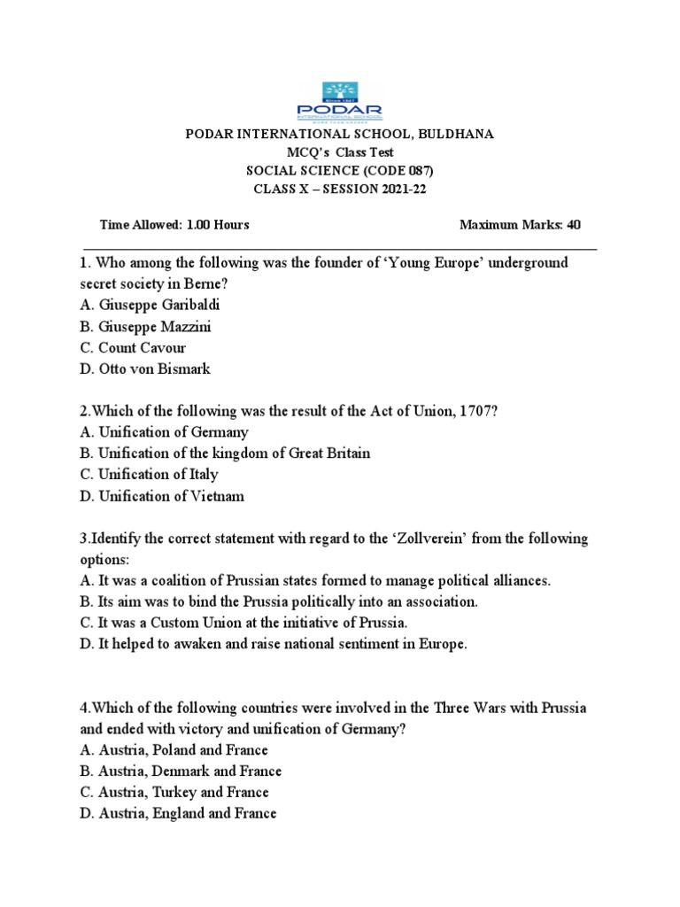 The Rise of Nationalism in Europe Grade X MCQ TEST | PDF | Prussia ...