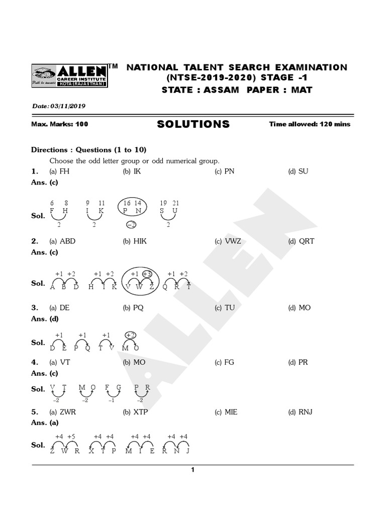 NTSE 2019 Question Paper Solutions | PDF | Area | Sea