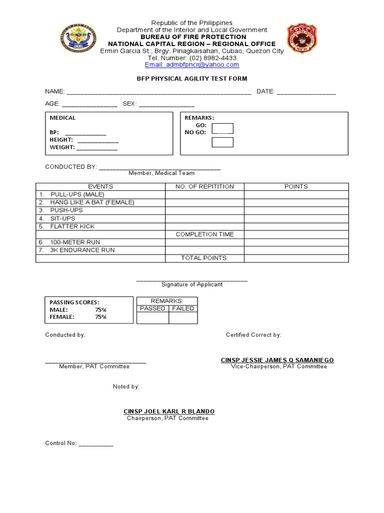 BFP Physical Agility Test Form | PDF