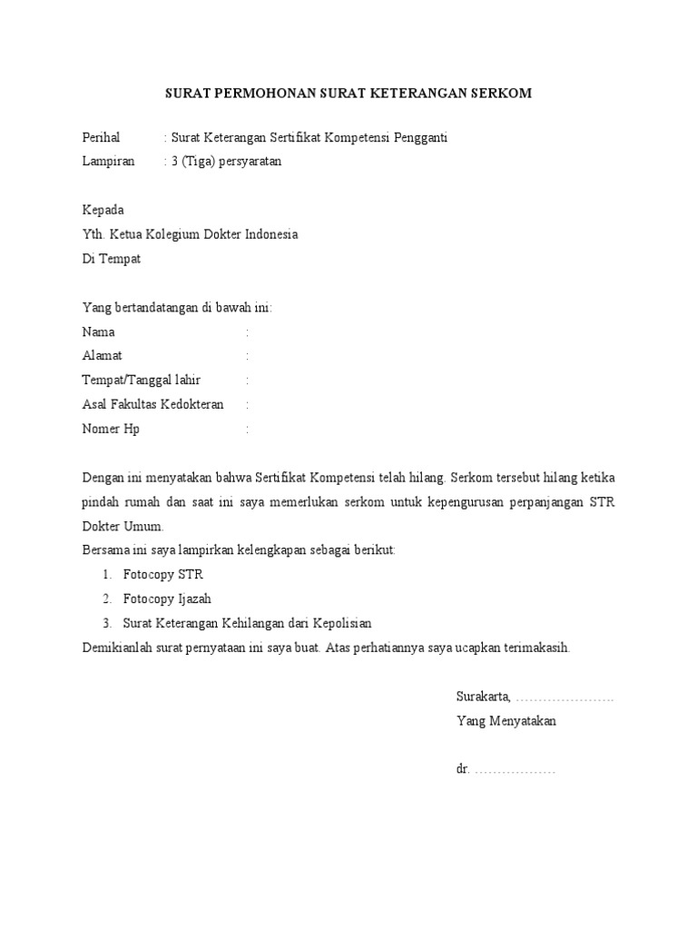 Surat Permohonan Surat Keterangan Serkom ... | PDF