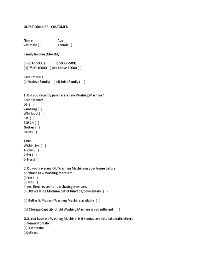 QUESTIONNAIRE | PDF | Washing Machine | Brand