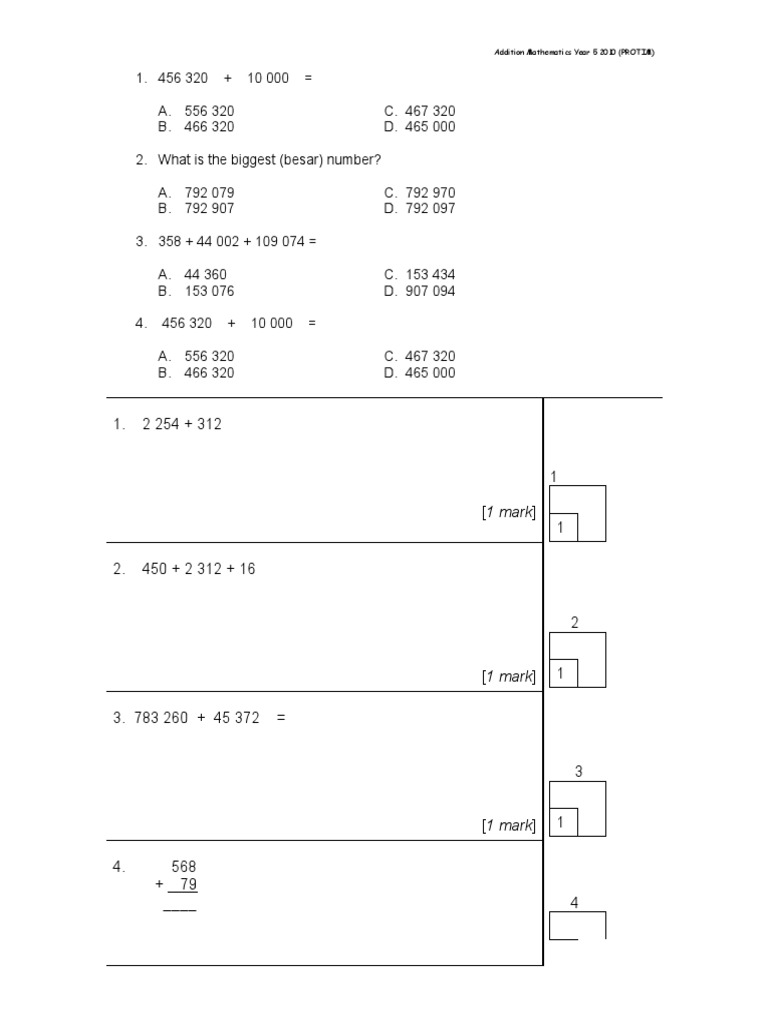 Year 5 Addition Math Problems 2010 | PDF | Mathematics | Teaching ...