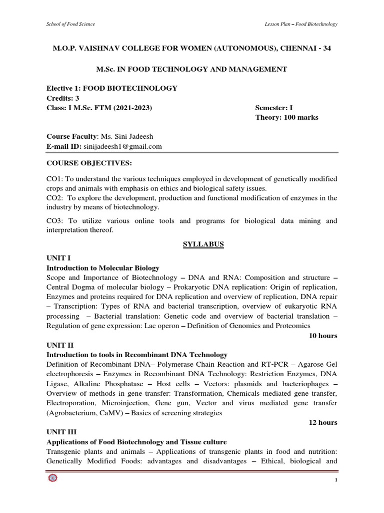 School of Food Science Lesson Plan - Food Biotechnology | PDF ...