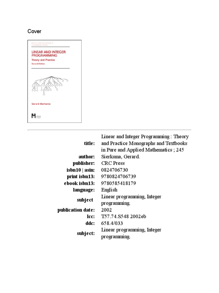 (Monographs and Textbooks in Pure and Applied Mathematics) Gerard Sierksma - Linear and Integer ...