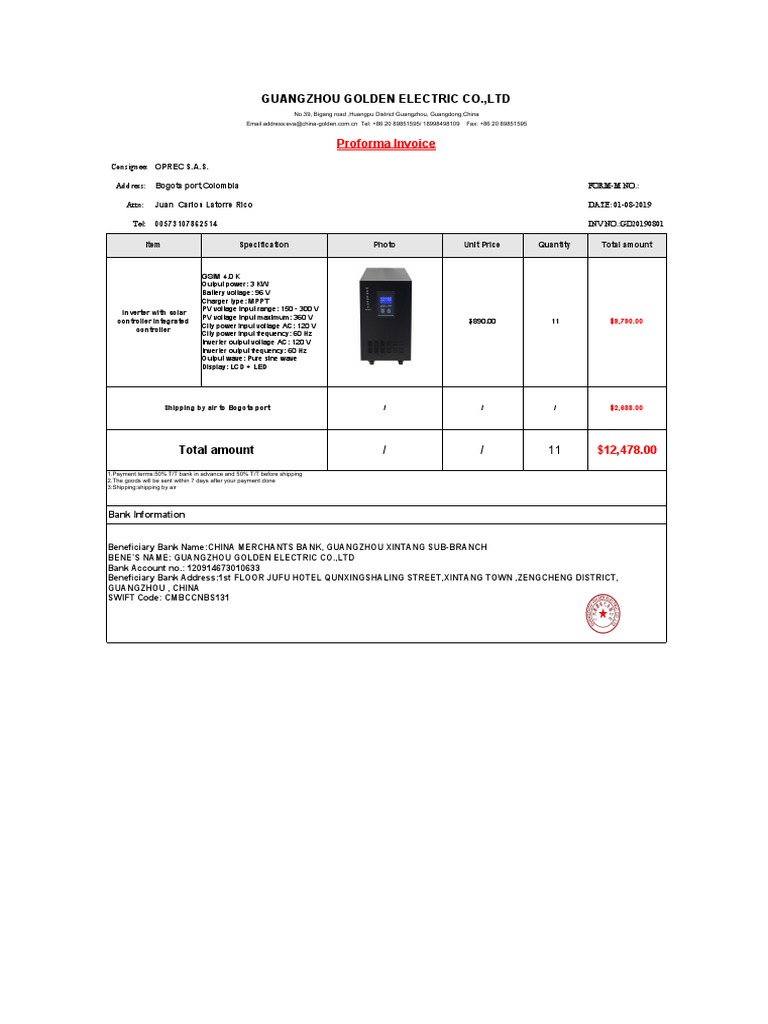 Guangzhou Golden Electric Co.,Ltd: Proforma Invoice | Download Free PDF ...