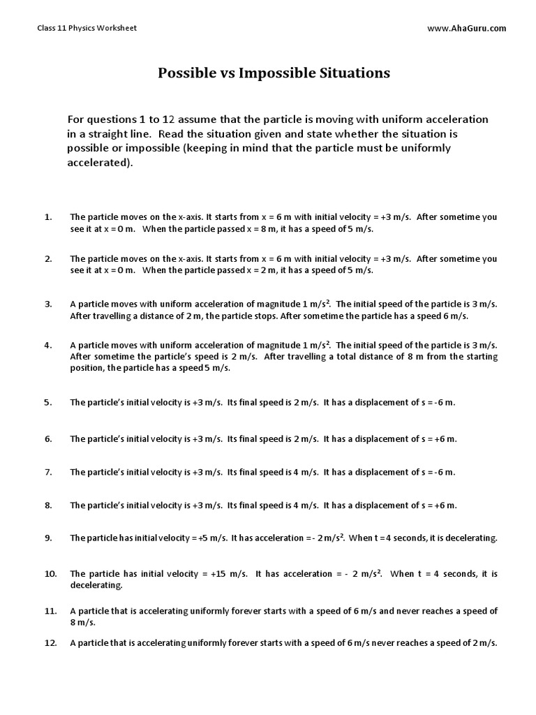 Possible Vs Impossible Situations: Class 11 Physics Worksheet | PDF ...
