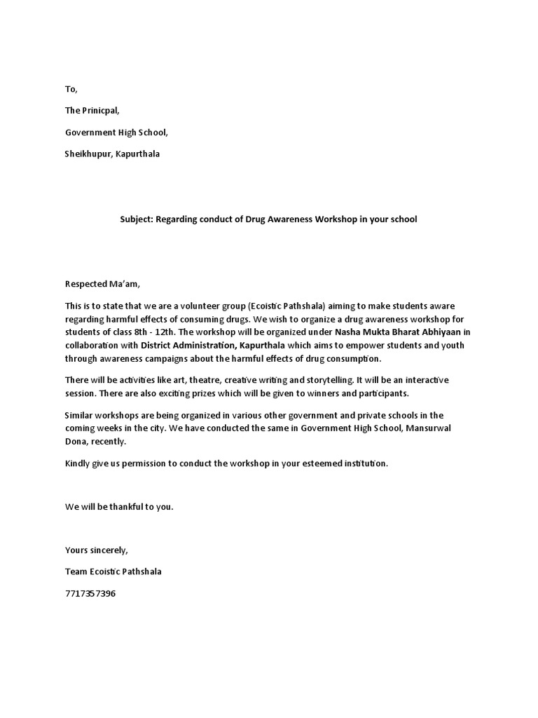 Subject: Regarding Conduct of Drug Awareness Workshop in Your School | PDF