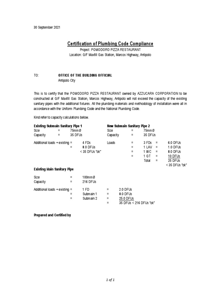 Certification of Plumbing Code Compliance | PDF