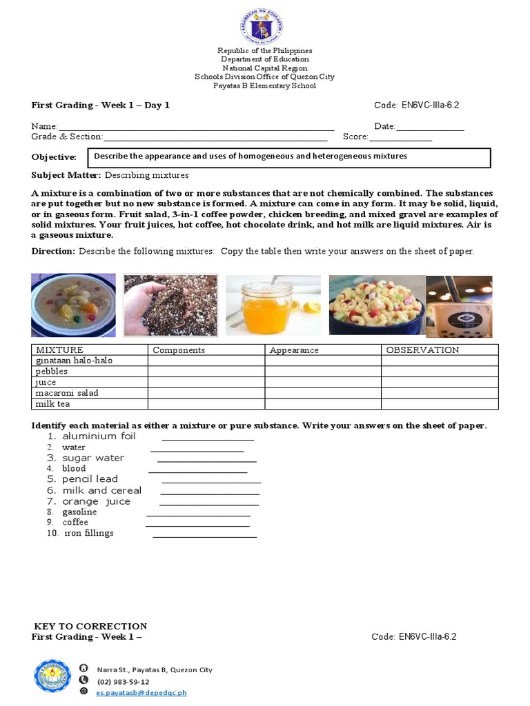FINAL SCIENCE QRTER 1 WK 1 Template-for-Worksheets-PBES | PDF | Mixture ...
