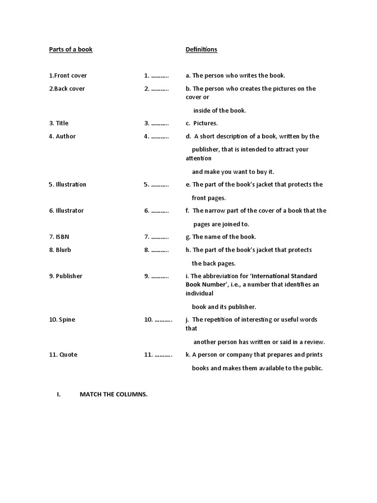 Parts of A Book - Worksheet | PDF