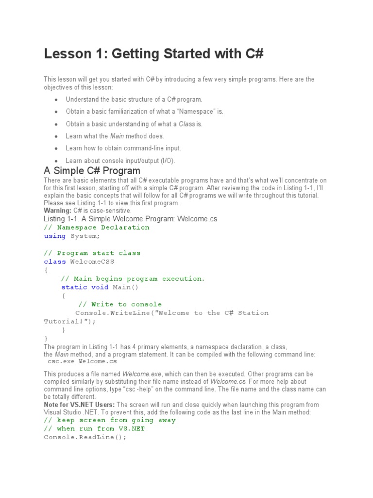 C# Station - Lession 1 | PDF | Method (Computer Programming) | Command ...