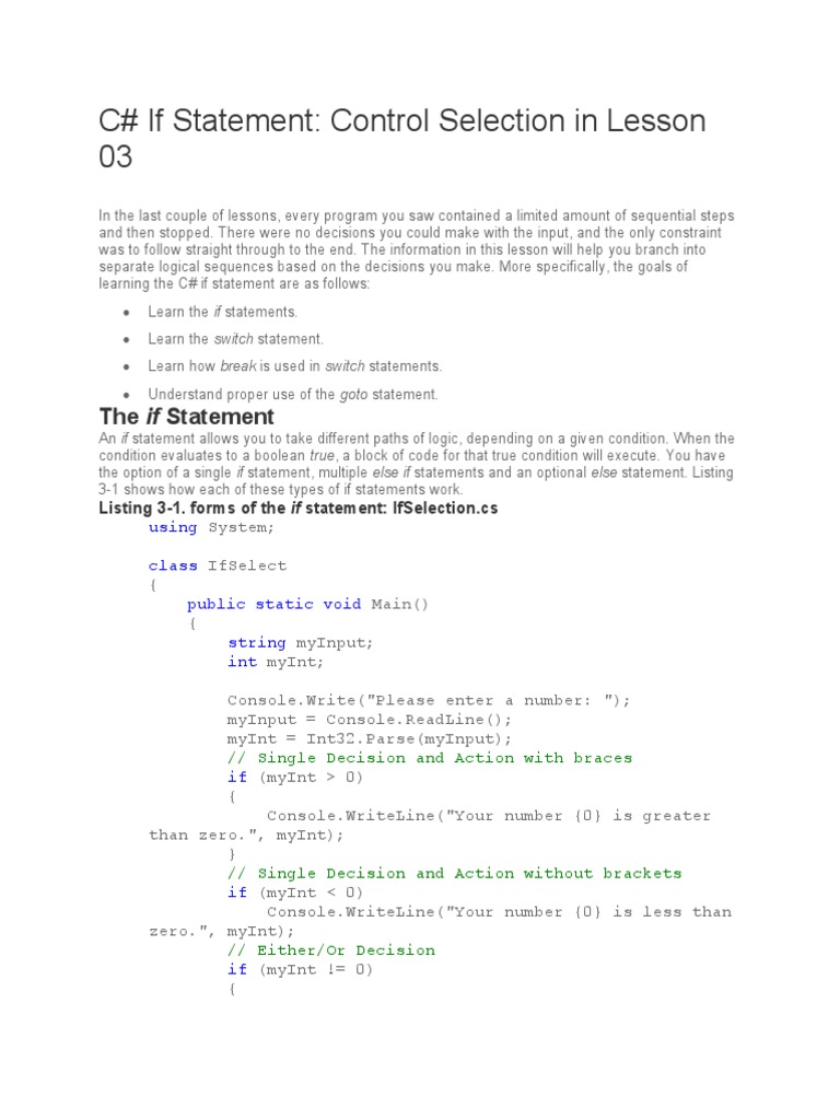 C# If Statement: Control Selection in Lesson 03 | Download Free PDF | Control Flow | Boolean ...