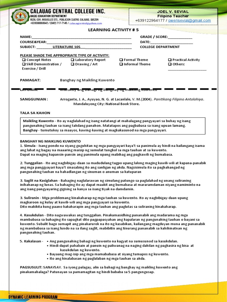 Learning Activity # 5: Banghay NG Maikling Kuwento Matukoy Ang Bahagi ...