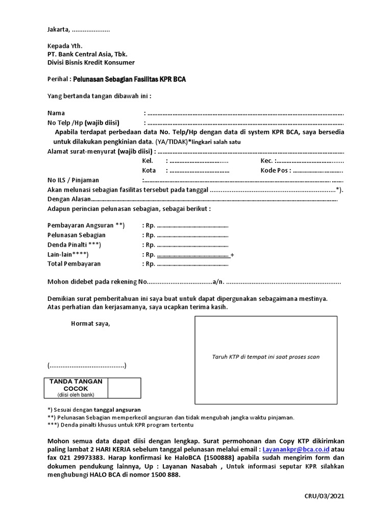 Formulir Permohonan Pelunasan Sebagian KPR BCA - Layanan KPR | PDF