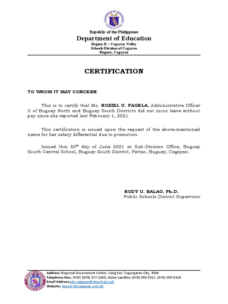 Certification of Leave Status for Ms. Pagela | PDF