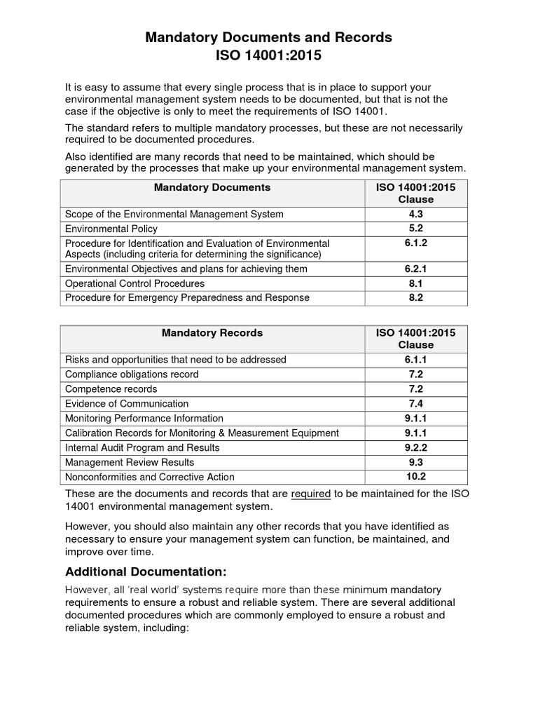 Mandatory Documents and Records ISO 14001:2015 | PDF | Competence ...
