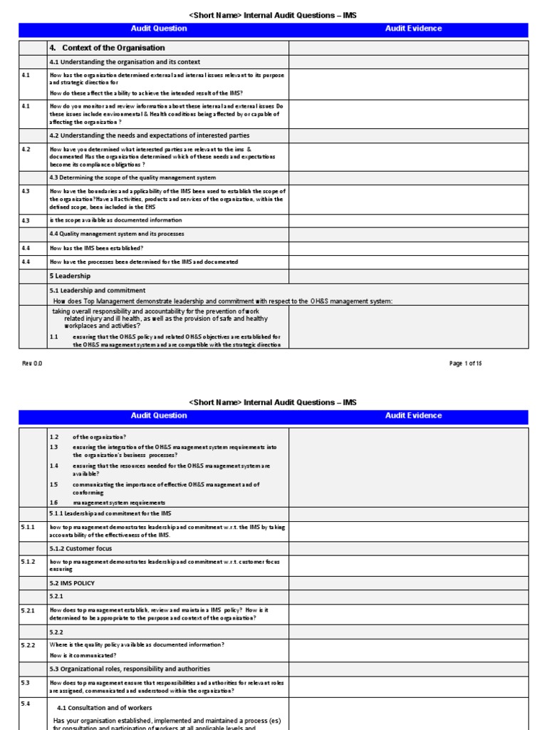 Internal Audit Checklist IMS | PDF | Audit | Internal Audit