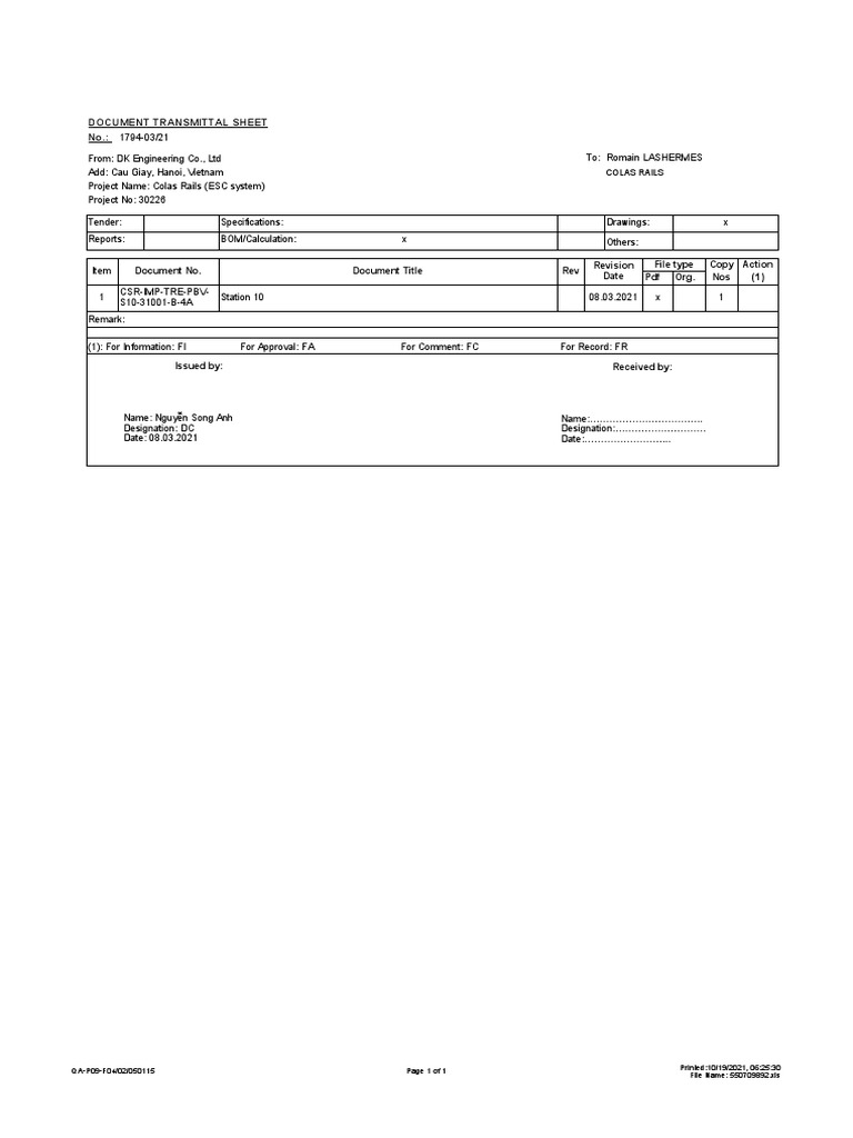 Colas Rails Project Document Transmittal | PDF