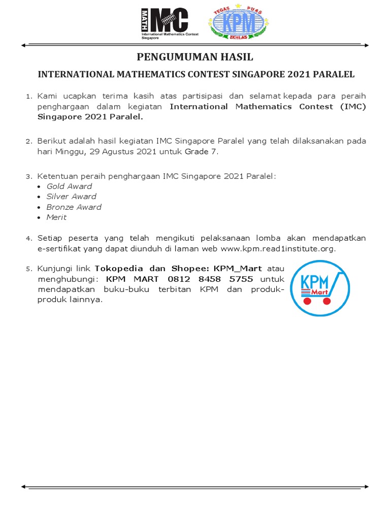 Hasil IMCS 2021 Parallel Grade 7 | PDF