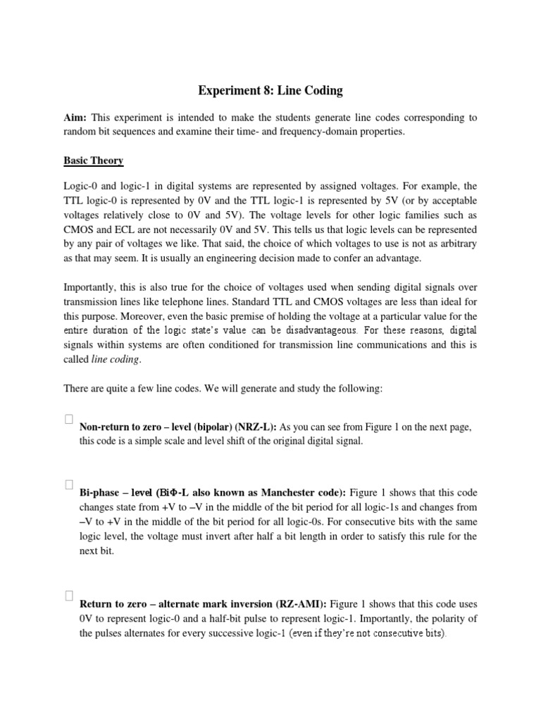 Experiment 8: Line Coding: Non-Return To Zero - Level (Bipolar) (NRZ-L ...