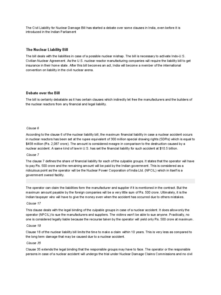 Nuclear Liability Bill | Download Free PDF | Nuclear Power | Nuclear ...