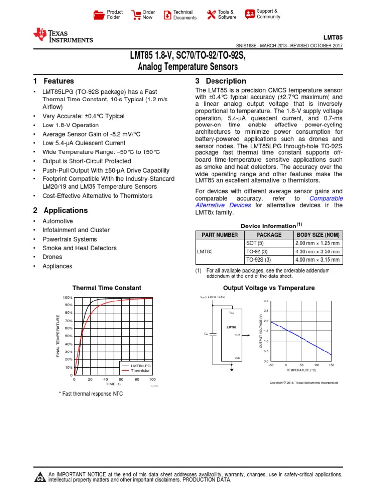 LMT85 1.8-V, SC70/TO-92/TO-92S, Analog Temperature Sensors: 1 Features ...