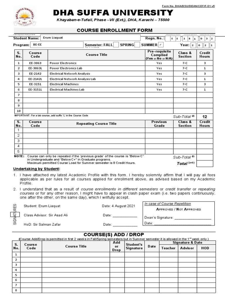 Dha Suffa University: Course Enrollment Form | PDF | Academia