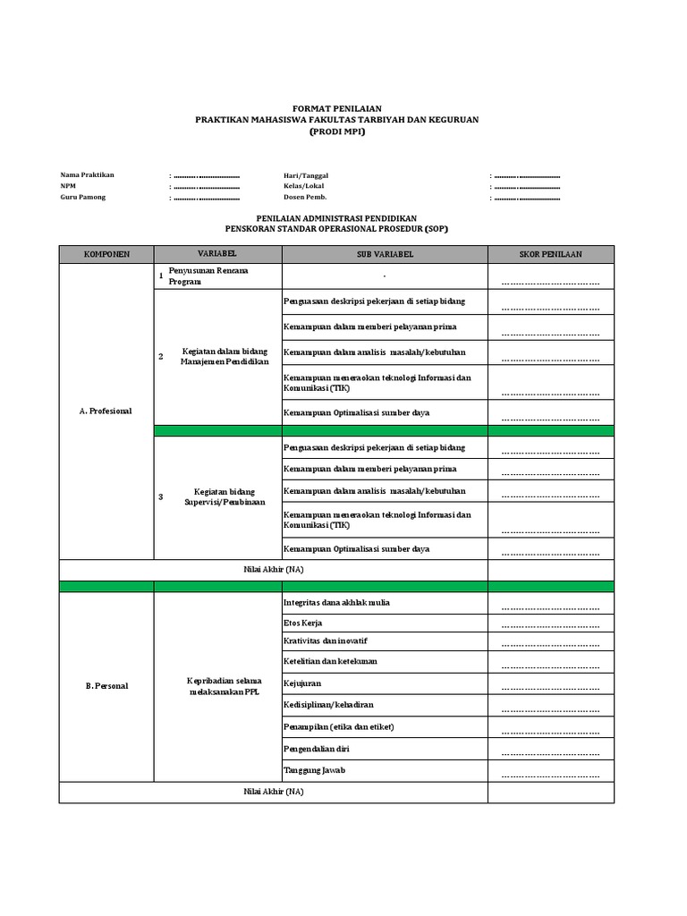 Form Penilaian PPL MPI | PDF | Komputer
