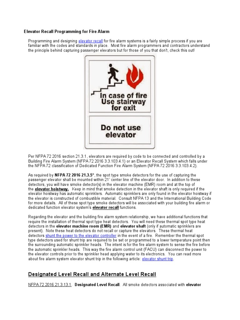 Elevator Recall Programming For Fire Alarm | PDF | Elevator | Fire ...