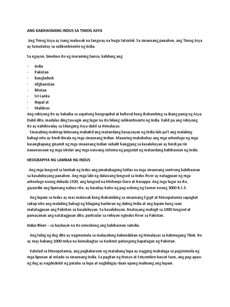 Ang Kabihasnang Indus Sa Timog Asya | PDF