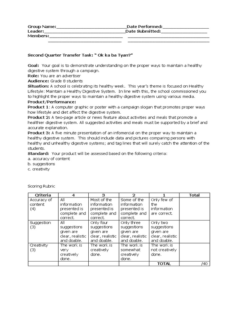 Scoring Rubric For 2q Transfer Task | PDF | Rubric (Academic) | Cognition